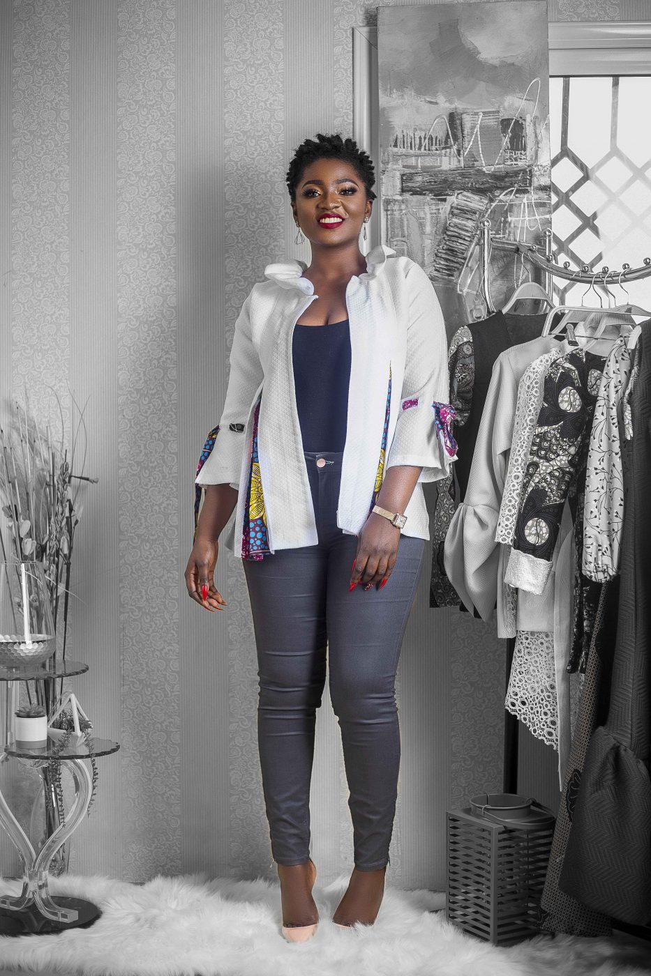 Open White Jacket with Ankara Details - Rina Depont